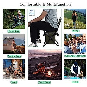Sequpr Portable Foldable Camping Chair with Cooler Bag, Lightweight Backrest Stool Compact Folding Chair Seat, Outdoor Backrest Stool with Folding Backpack for Camping Hunting Fishing Hiking Green