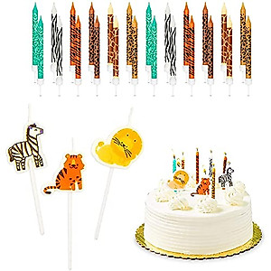 Safari Animal Cake Toppers and Thin Candles in Holders (27 Pieces)