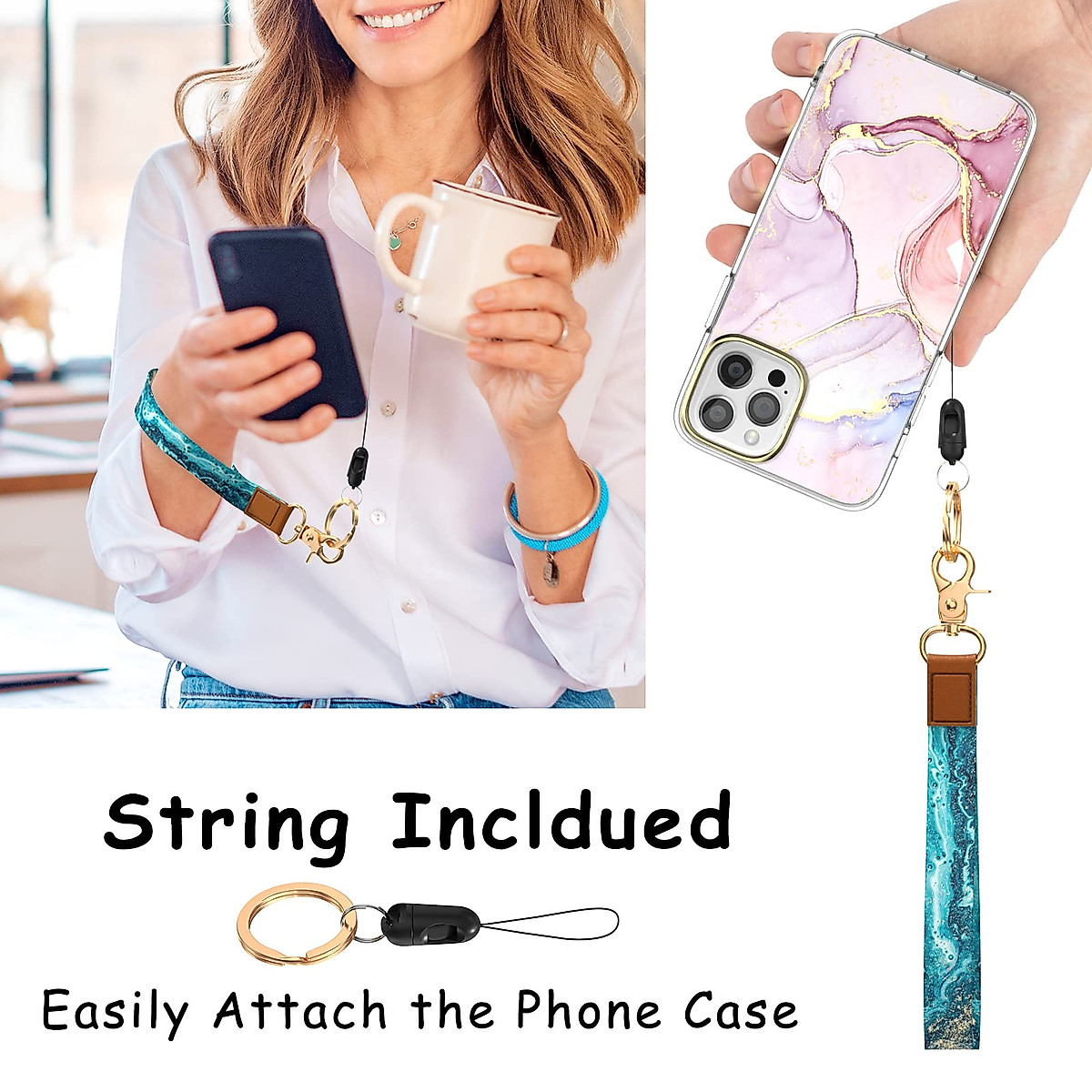 Hsxnam Wrist Lanyard Key Chain, Cute Wristlet Strap Keychain Holder for Women Men Keys Airpods ID Badges Phone, Teal Marble