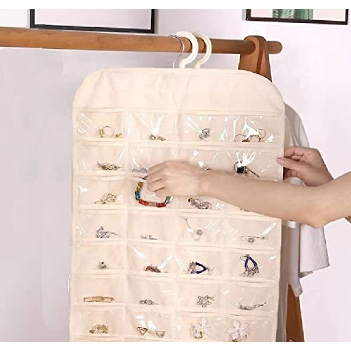 GUAGLL Beige 80-Compartment Double-Sided Jewelry Business ID Card Dustproof Storage Bag