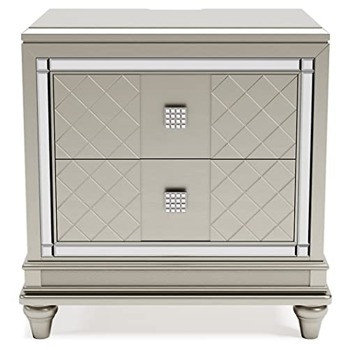 Signature Design by Ashley Chevanna Glam Embossed Diamond-Patterned 2 Drawer Night Stand with USB Charging Ports, Chrome
