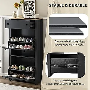 HESIEU Functional Wooden Shoe Cabinet with 2 flip-top Drawers, Wood Grain Pattern top Shoe Cabinet with Drawers Freestanding Shoe Rack with Adjustable Panel for Hallway Entrance Foyer (Black)