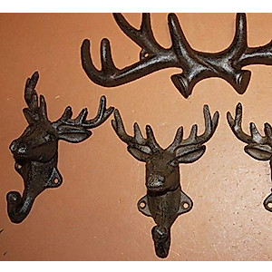 Southern Metal Wall Mounted Deer Head Antler Coat Hat Rack Wall Hooks, Solid Cast Iron Bundle of 5