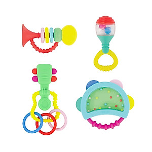 Infantino Baby's 1st Teethe and Play Music Set - Baby Essentials 4 Piece Gift Set, Instrument Themed Teethers and Rattles for Sensory Stimulation and Motor Development for Babies & Toddlers, BPA Free