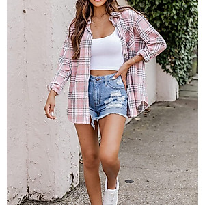 NUOREEL Womens Plaid Shirts Button Down Flannel Shirts Boyfriend Long Sleeve Shirts (Medium, Pink1)