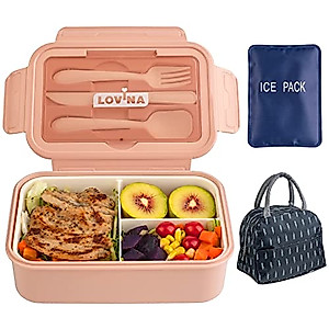 Bento Box Adult Lunch Box, 37OZ Bento box for Adults Kids With Ice Pack 6 Liter Insulated Lunch Bag Set, With Built-in Utensils, Leakproof, Durable, BPA-Free and Food-Safe Materials(Pink)