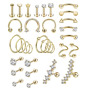 REVOLIA 32Pcs Stainless Steel Cartilage Stud Earrings for Women Conch Helix Tragus Daith Conch Hoop Earing Piercing Jewelry Set Gold