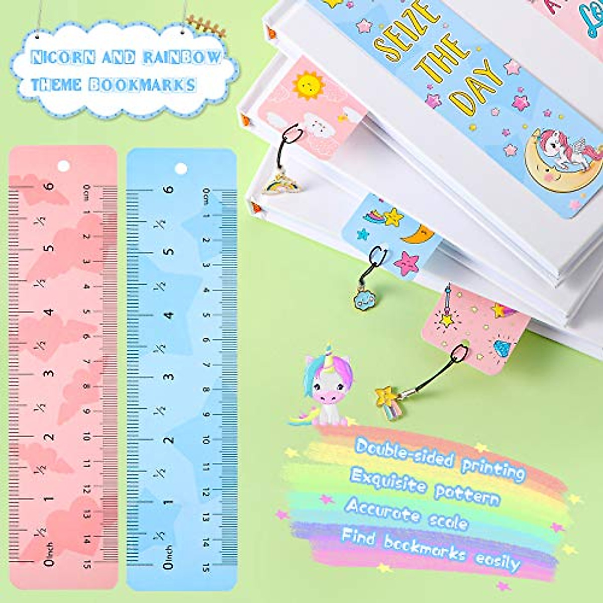 12 Pieces Unicorn and Rainbow Theme Bookmarks Sunflower Theme Bookmarks with 12 Pieces Metal Charms, Inspirational Quotes Bookmarker Page Markers 100th Day of School Gift for Kid (Unicorn-Rainbow)