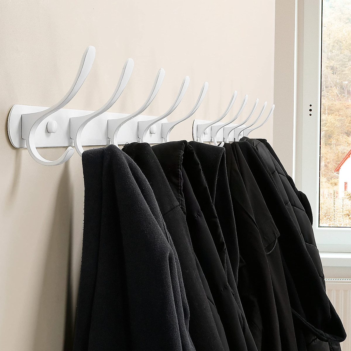 SKOLOO Coat Rack Wall Mount - Modern, Metal Wall Coat Rack with 5 Hooks, Pack of 2, Sturdy Wall Hook Rack Rail for Hanging Coat, Jacket, Clothes, Hat, White