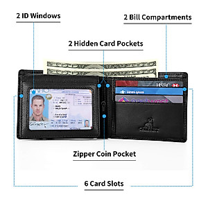 CALFART RFID Slim Front Pocket Wallets For Men - Genuine Leather Credit Card Mens Bifold Wallet With 2 ID Windows Zipper Coin Stylish Passcase