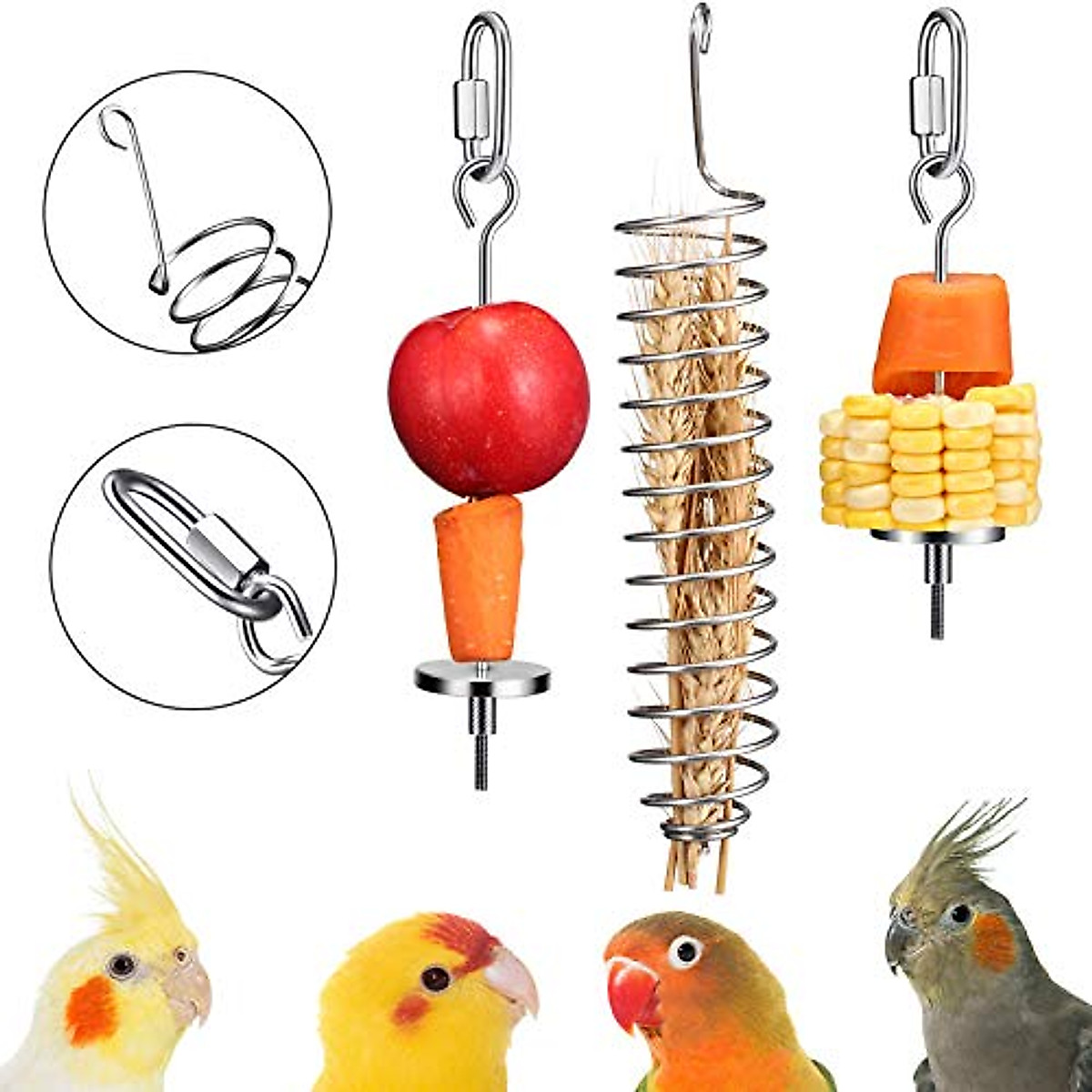 3 Pieces Bird Food Holder Stainless Steel Parrot Hanging Vegetable Fruit Feeder Bird Treat Skewer Include 2 Pieces Small and Large Fruit Fork and a Food Basket, Parrot Foraging Toy