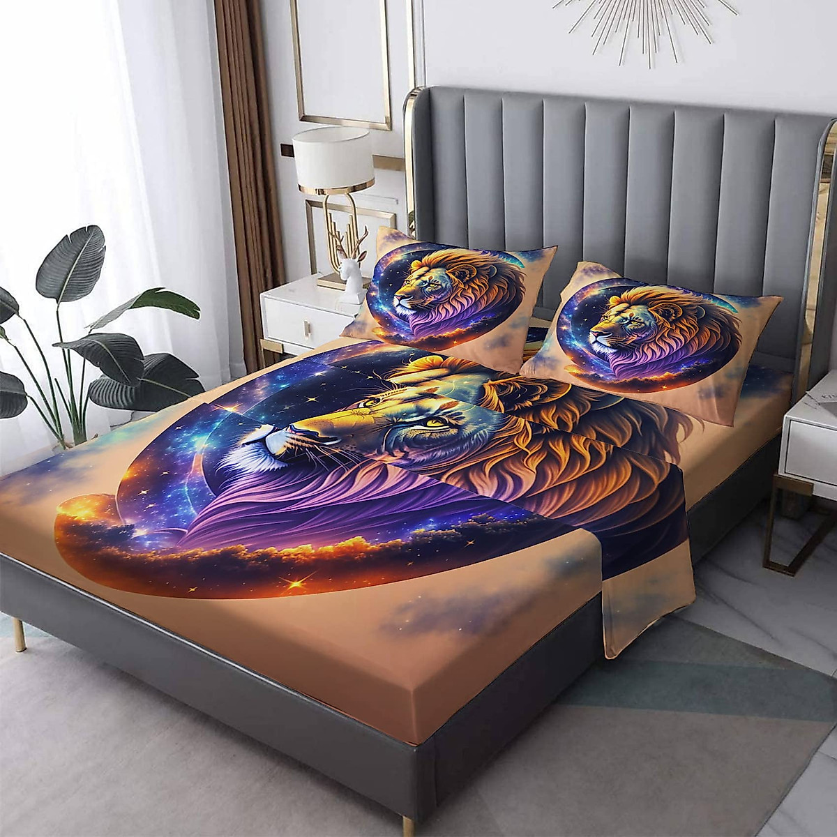 NOGAWA Lion Sheets Full Size, Fantasy Bed Sheets, Patterned Bedding Sheets & Pillowcases 4 Piece Set - Soft Microfiber Deep Pocket Fitted Sheet & Flat Sheet & 2 Pillow Cases