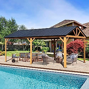 Domi 12x20FT Hardtop Gazebo, Galvanized Steel Gable Roof Gazebo Pergola with Wood Grain Aluminum Frame, Outdoor Permanent Gazebo Pavilion for Patio, Garden, Deck, Backyard