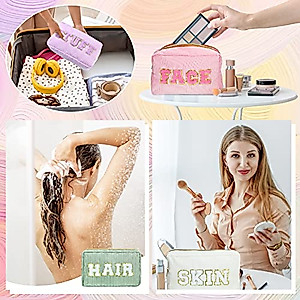 4 Pcs Makeup Bags Chenille Letter Patch Cosmetic Bag Portable Travel Zipper Pouch Small Organizer Makeup Bag Set for Women (Purple, Pink, White, Green, Fresh)