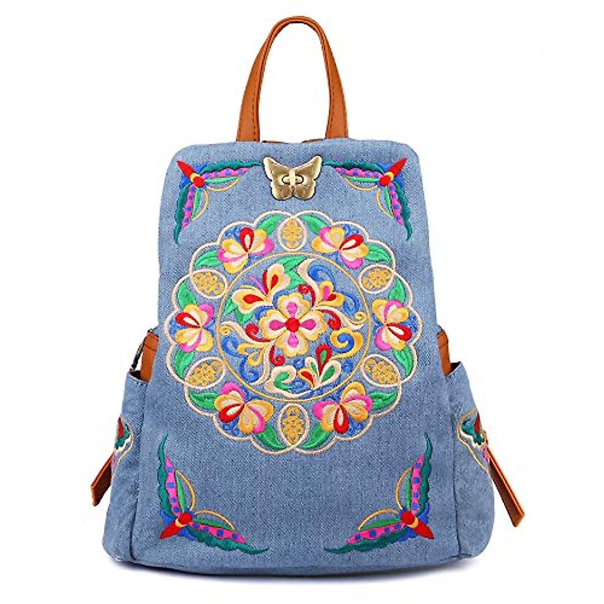 Jursccu Denim Embroidered Floral Canvas Backpacks for Women Anti theft Retro Jeans Travel Ethnic Style Shoulder Bag one-size