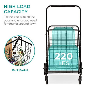 Best Choice Products Folding Steel Grocery Cart, Portable Multipurpose Utility Double Basket for Shopping, Groceries, Laundry w/Swivel Wheels, Storage, 220lb Capacity