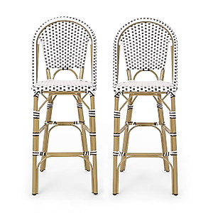 Christopher Knight Home Kinner Outdoor French Bistro Barstools - Aluminum and Wicker - Black/White/Bamboo Finish (Set of 2)