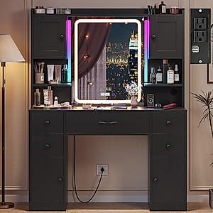 Tiptiper Makeup Vanity with Mirror & Lights, Power Outlet & RGB Lights, Vanity Desk with 5 Drawers, 4 Cabinets & Time Display, Large Dressing Table, Black