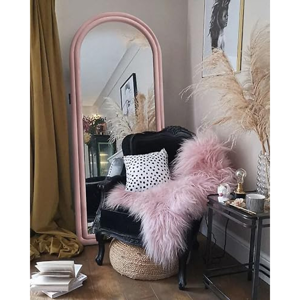 Otlsh Floor Mirror, Arched Full Length Mirror with Stand, Standing Mirror, 63"x24" Full Body Mirror, Large Mirror, Wall Mirror, Freestanding, Wall Mounted, Flannel Frame - Pink