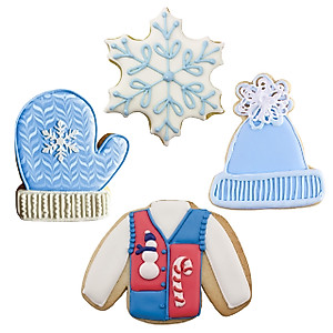 Winter and Christmas Cookie Cutters 4-Pc Set Made in USA by Ann Clark, Snowflake, Sweater, Mitten, Winter Hat