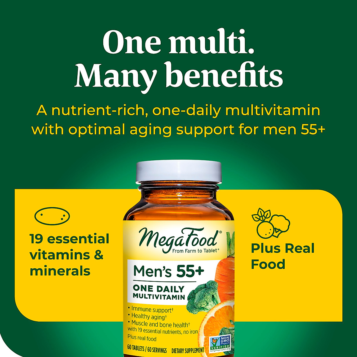 MegaFood Men's 55+ One Daily - Multivitamin for Men with Vitamin B12, Vitamin C, Vitamin D & Zinc - Optimal Aging & Immune Support Supplement - Vegetarian - Made without 9 Food Allergens - 90 Tabs