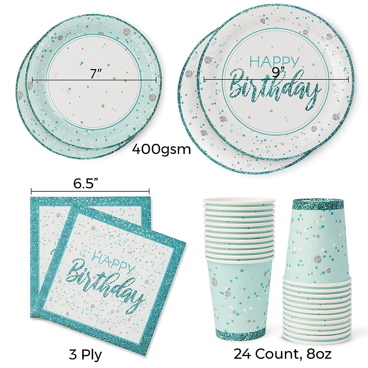 Royal Bluebonnet Teal and Silver Birthday Plates - Set of 24-9 and 7 inch Plates, Napkins, and Cups Party Supplies, Sturdy 400 GSM Weighted Teal Birthday Decorations for Women, Kids, and Tweens
