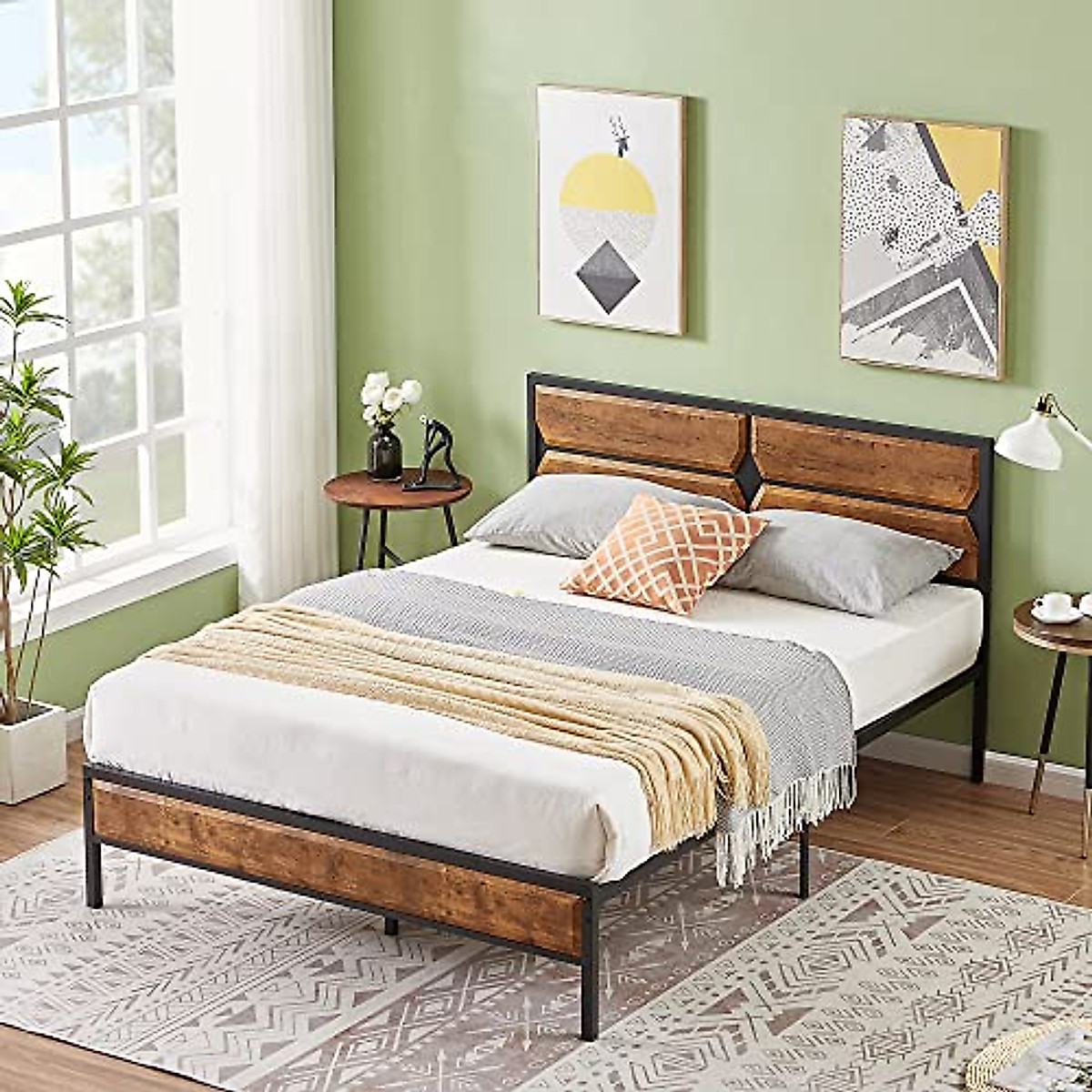 VECELO Full Size Platform Bed Frame with Wood Headboard/Mattress Foundation/Premium Steel Slats Support/No Box Spring Needed,Brown(Modern)