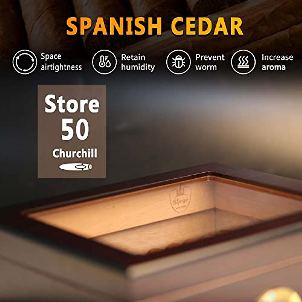 Slege Cigar Humidor,Humidor Cigar Box for Cuban Cigars,Glass-Top Humidor Spanish Cedar-Cigar Case,Humidifier,Divider,Hygrometer