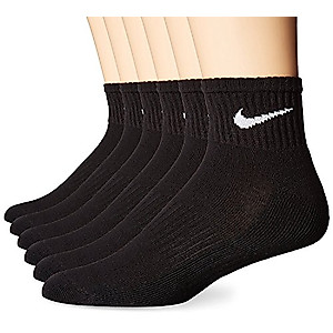 Nike Mens Performance Cushion Quarter Socks (6 Pairs), Black/White, Large