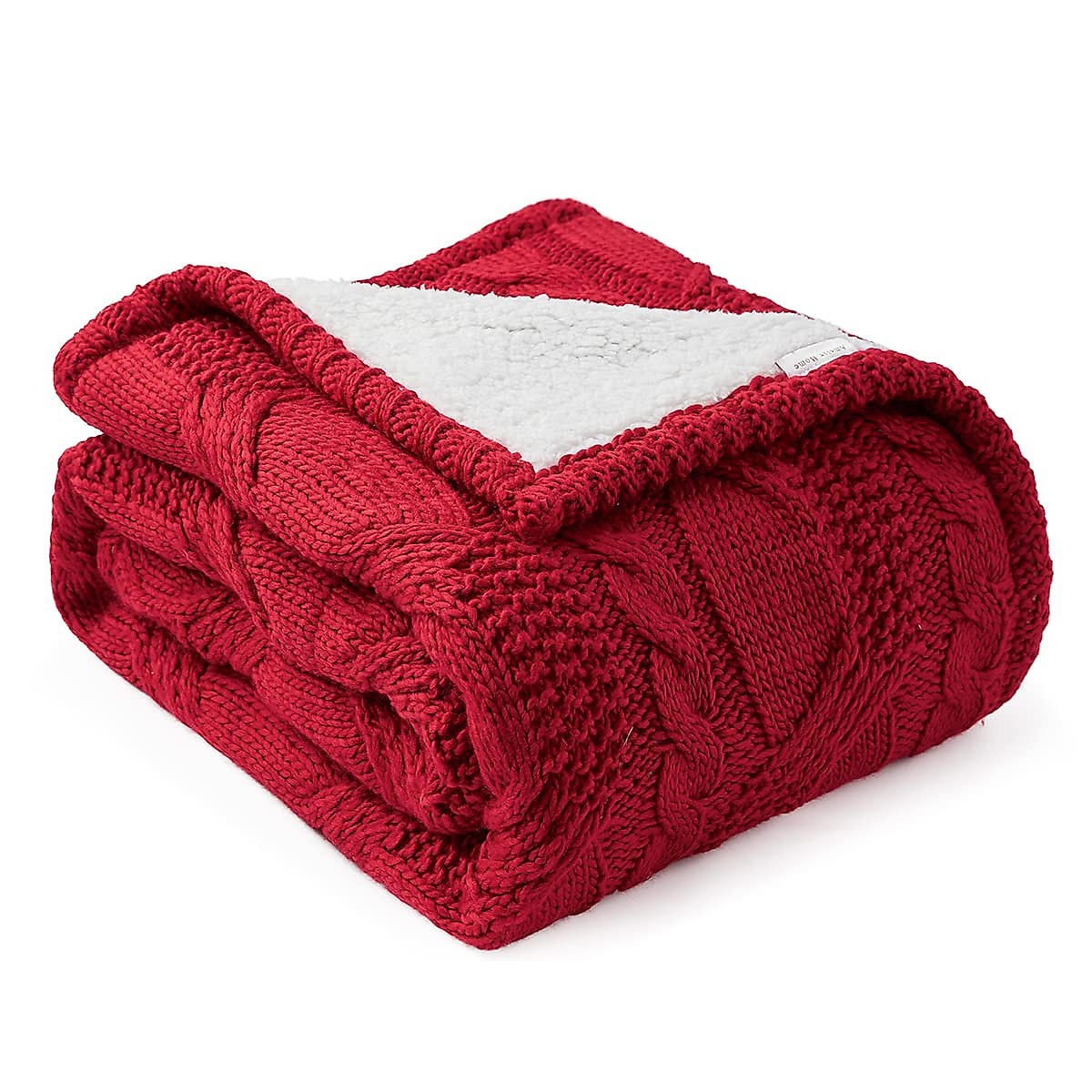 Amélie Home Reversible Sherpa Cable Knit Throw Blanket Soft Cozy Warm Winter Fleece Throw Blankets for Couch Bed Living Room, Christmas Red, 50x70