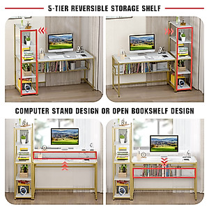 Teraves Computer Desk with 5 Tier Shelves,Reversible Writing Desk with Storage 49 Inch Study Table for Home Office Independent Bookcase and Desk for Multiple Scenes (White Marbling+ Gold Frame)
