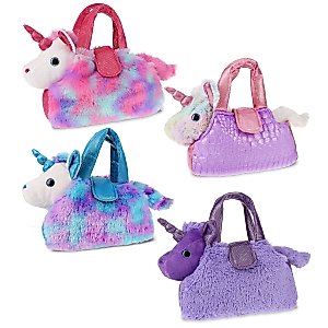 DolliBu Unicorn Bags Collection Set of 4 - Unicorn Stuffed Animal Purse Bags for Girls, Removable White, Purple, Rainbow, Blue Unicorns in Furry Handbags