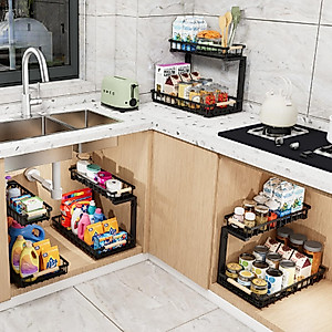 Under Sink Organizer, 2 Packs 2 Tier Under Sink Organizers and Storage, Slide out Pull out Cabinet Organizer Shelf, Metal Sliding Drawer for Kitchen Bathroom Pantry Cabinet Closet Organization Rack