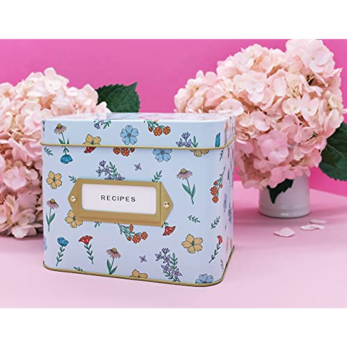 poiet Tin Recipe Box with Cards and Dividers, Includes 50 4x6 Recipe Cards, 16 Dividers (Wildflower)