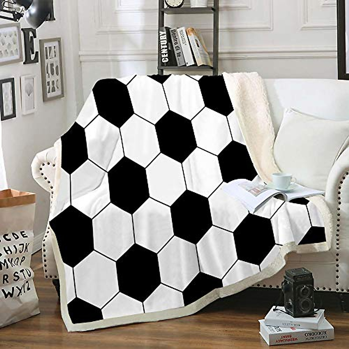 Soccer Throw Blanket Soccer Blanket Twin Size Football Balls Blanket Sherpa Fleece Blanket Soft Warm Geometric Sports Blanket for Bedroom Couch Sofa (Twin (60"x80"), Soccer)