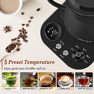 Secura Electric Gooseneck Kettle, Quick Boiling Electric Kettle with 5 Variable Presets for Coffee Tea Brewing, 100% Stainless Steel Inner Tea/Coffee Kettle with 1.5H Keep Warm,1200W-0.8L, Matt Black