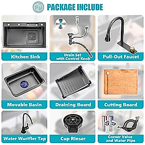 MWIDCIEW Drop In Kitchen Sink Gunmetal Gray Stainless Steel Waterfall Kitchen Sink with Pull Down Sprayhead Faucet Single Bowl Kitchen Sink Workstation with Multiple Accessories (31.5 x 17.7 inch)