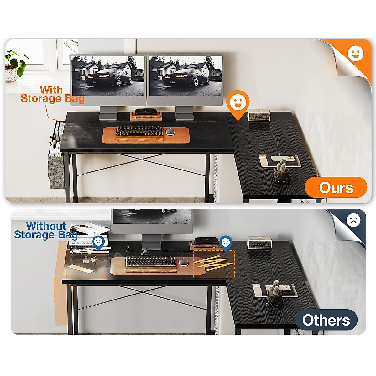 Casaottima 50 inch L Shaped Desk, Computer Desk with Removable PC Stand, Reversible Home Office Desk with Storage Bag for Gaming Writing, Corner Desk for Bedroom, Small Space, Black