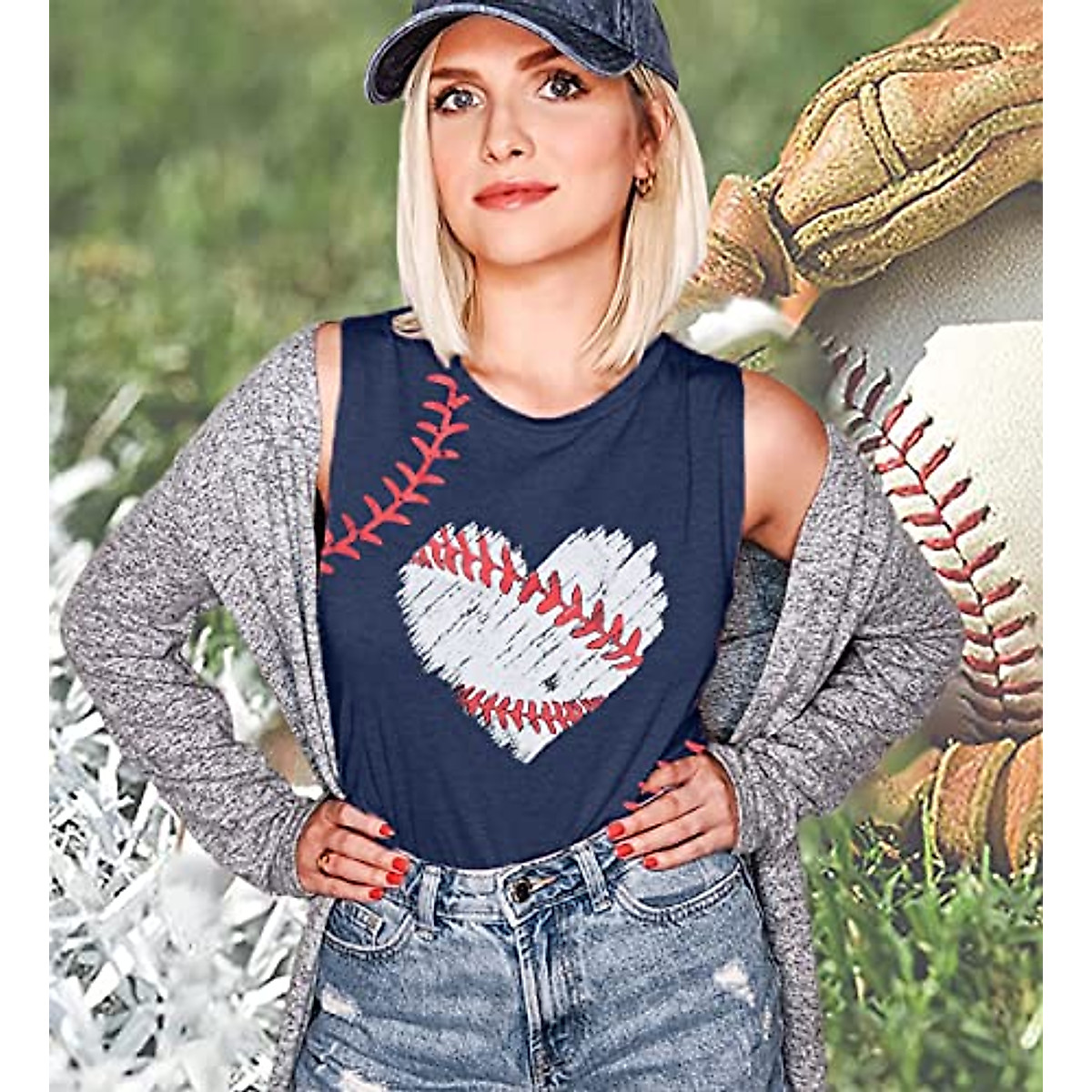 Baseball Tank Tops Women Baseball Heart Print Shirt Funny Play Ball Tank Casual Sleeveless Vest Summer Graphic Tee Top Blue