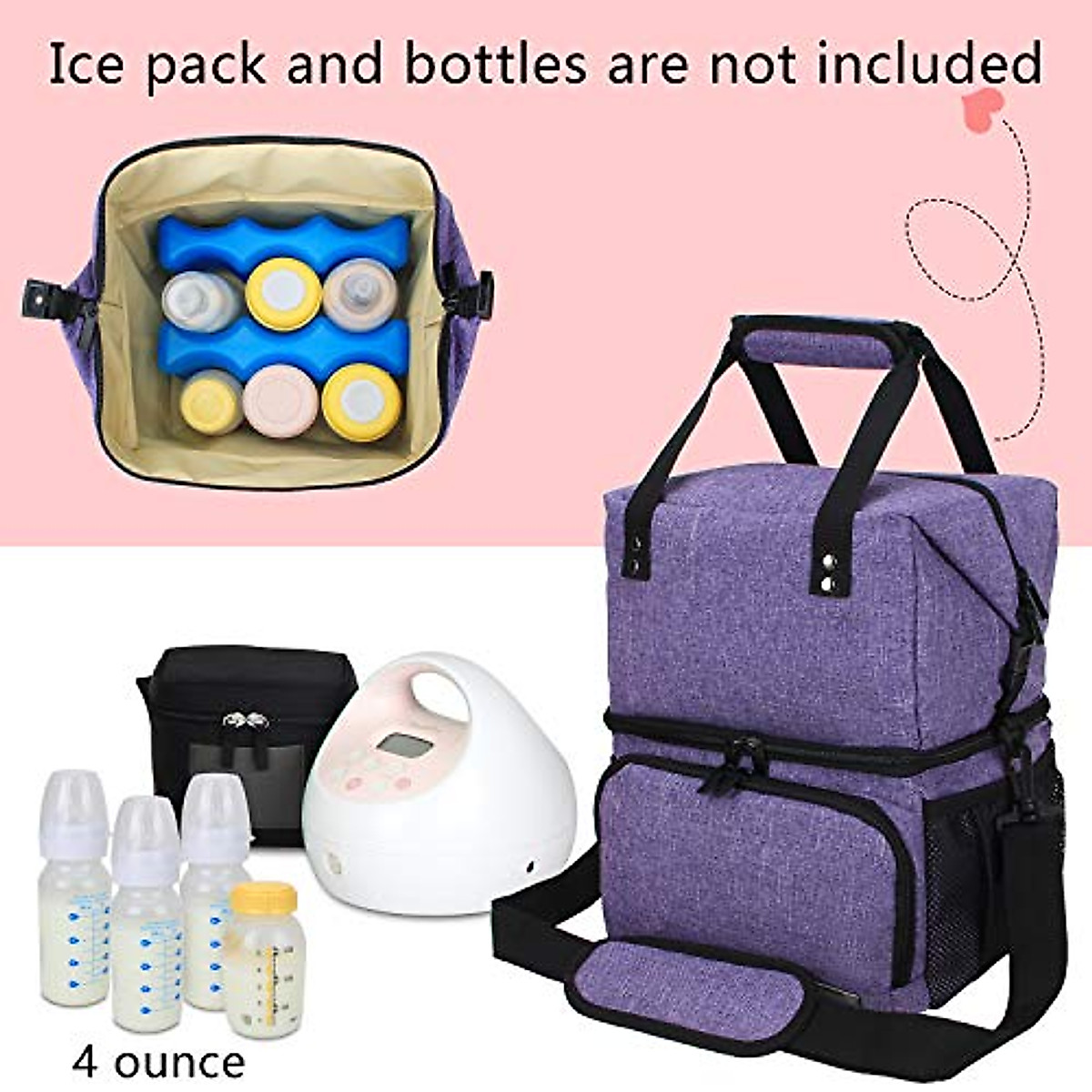 Luxja Breast Pump Bag with 2 Compartments for Breast Pump and Cooler Bag, Leakproof Pumping Bag for Working Mothers (Fits Most Major Breast Pump), Purple