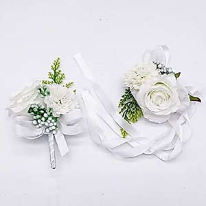 Milisente Rose Wrist Corsage Wristlet Band Bracelet and Men Boutonniere Set for White Wedding Flowers Accessories Prom Suit Decorations(White)