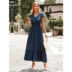 PRETTYGARDEN Womens Summer Boho Maxi Dress Short Sleeve Swiss Dot Flowy Long Dress V Neck Smocked Waist Beach Party Sun Dress(Navy, Large)
