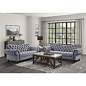 Pemberly Row 84" Velvet Roll Arm Sofa with Tufted Nailhead Upholstery, 3 Seater Fabric Couch Furniture for Home Living Room, Dark Gray