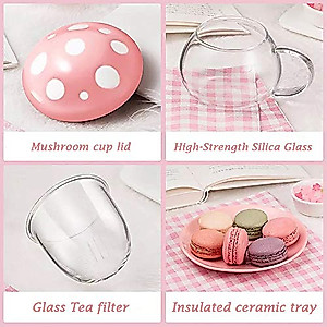 Rain House Cute Cups Mushroom Tea Cup with Tea Infuser and Spoon, Kawaii Mushroom Mugs, Glass Teacups with Ceramic Lid and Coaster, Mother's Day Gift Perfect for Girls Women for Home Office Use (Pink)