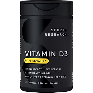 Sports Research Vitamin D3 5000 IU with Coconut MCT Oil - High Potency Vitamin D Supplement for Immune & Bone Support - Non-GMO Verified, Gluten & Soy Free – 125mcg, 360 Liquid Softgels