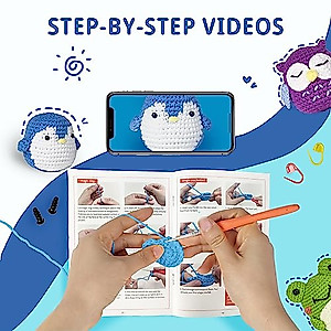 BEEBARYJ 3PCS Crochet Kit for Beginners,Crochet Starter Kit for Adults and Kids DIY Crochet Animal Kit Crocheting Knitting Kit with Step-by-Step Video Tutorials (Penguin+Frog+Owl)