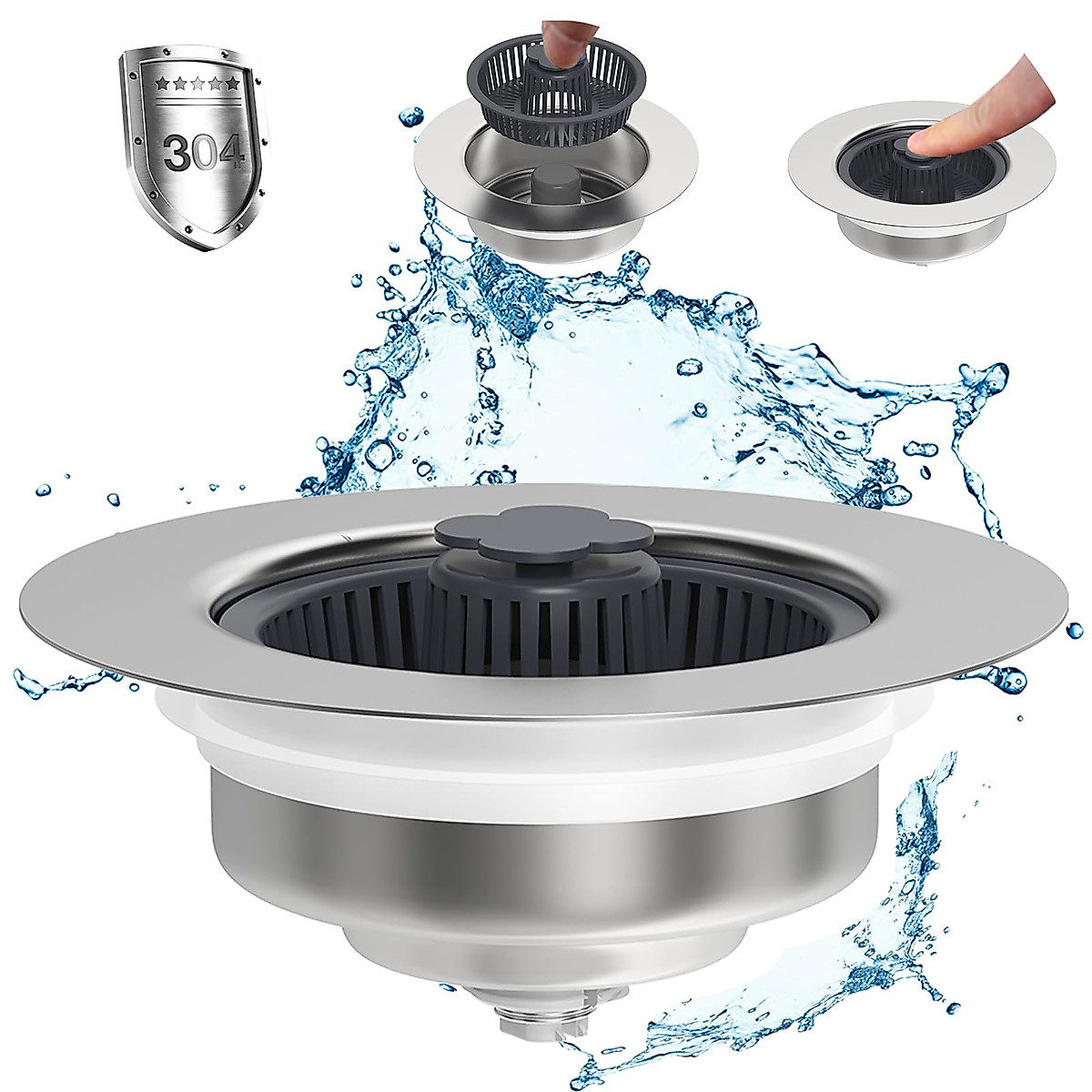Upgraded 3 in 1 Kitchen Sink Drain Strainer - Stopper Set, Stainless Steel Kitchen Sink Stopper, Pop Up Anti-Clogging Sink Strainer Basket Filter for US Standard 3-1/2 Inch Kitchen Drain(1Pack)