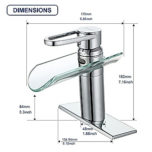 WINDALY Waterfall Bathroom Faucet, Single Hole Glass Spout Bathroom Faucet, Single Handle Solid Brass Bathroom Vanity Faucet with Deck Plate, Chrome (Glass)