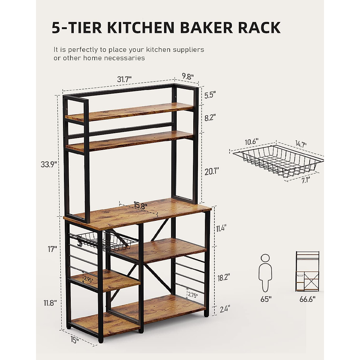 Gizoon Home Kitchen Baker's Rack with Spacious Storage, 5 Tier Versatile Microwave Stand Shelf with Basket & Side Hooks,Free Standing, Sturdy, Durable-Retro
