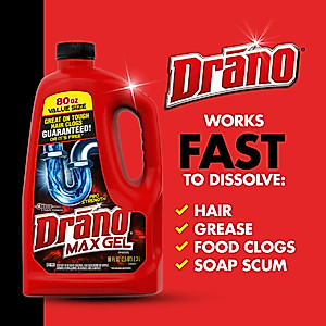 Drano Max Gel Drain Clog Remover and Cleaner for Shower or Sink Drains, Unclogs and Removes Hair, Soap Scum, Blockages, 80 oz